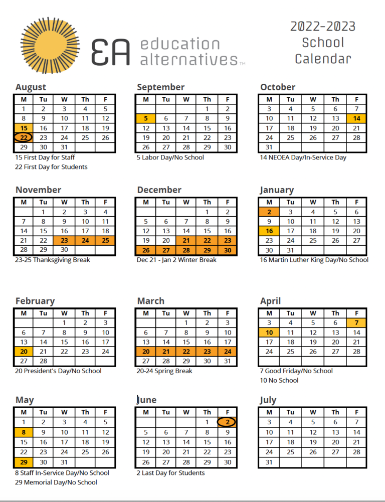 Academic Calendar | Education Alternatives